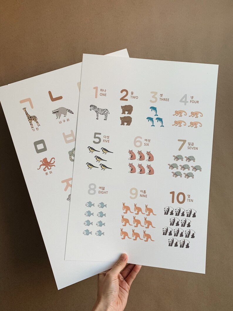 Set of Two Korean Alphabet and Numbers Posters With Animals - Etsy