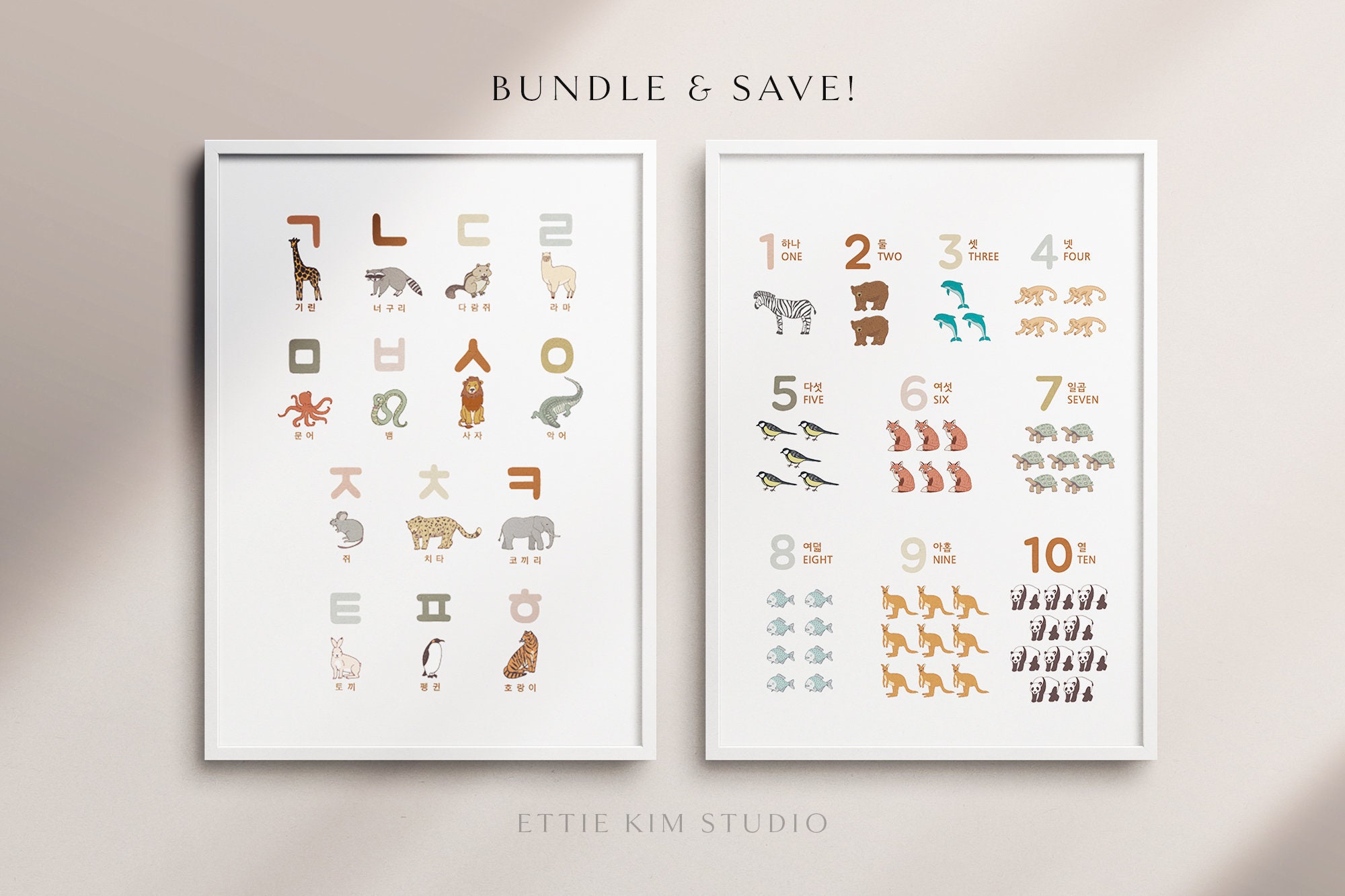 Set of Two Korean Alphabet and Numbers Posters With Animals - Etsy
