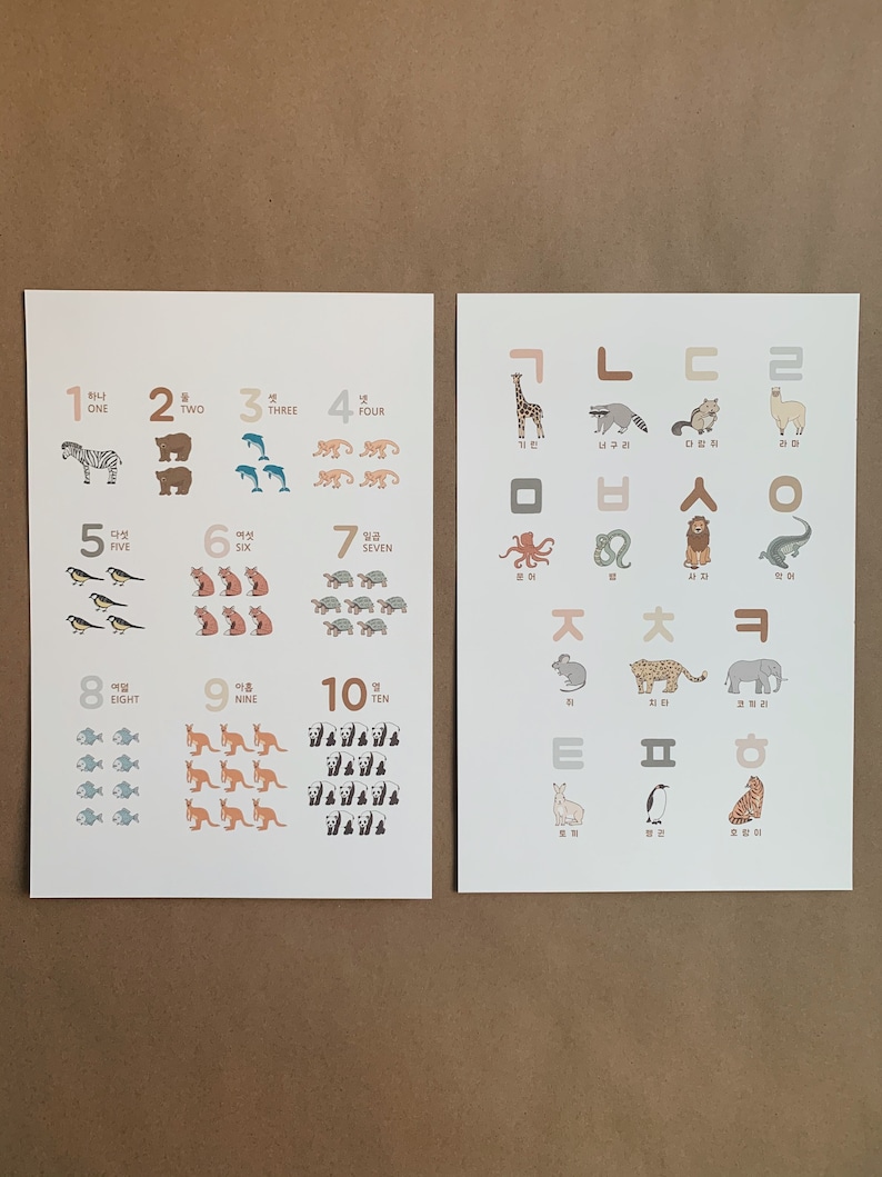 Set of Two Korean Alphabet and Numbers Posters With Animals - Etsy