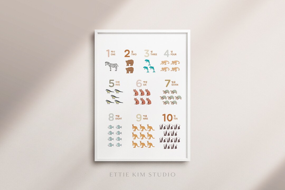 Korean Numbers Poster With Animals, Hangul 1 to 10 Counting Poster ...