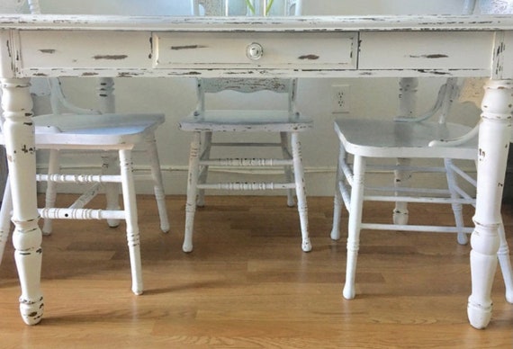 Farmhouse Distressed White Dining Table and Chairs Set - Etsy