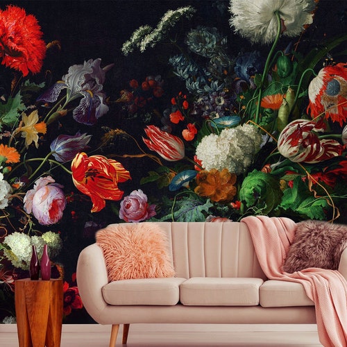 Dutch Wallpaper With Colorful Flowers Floral Wall Decor for - Etsy