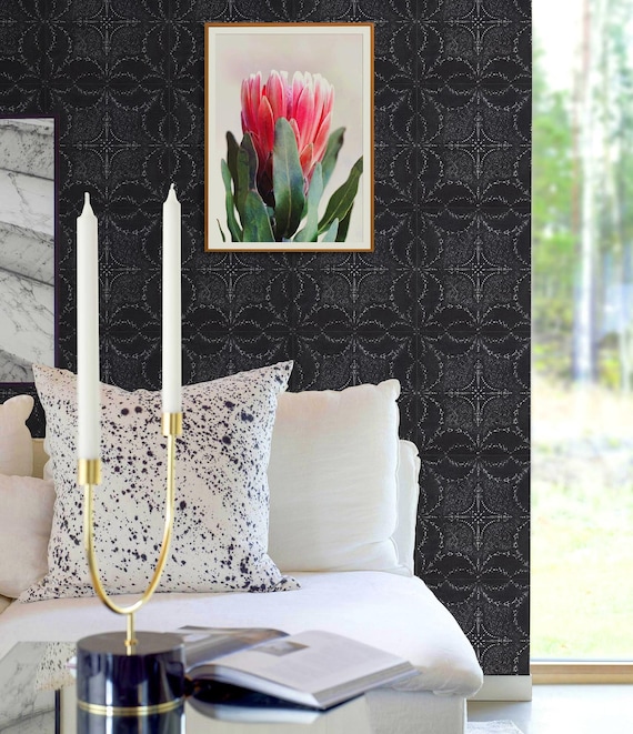 Zwart Victoriaans Behang Vliesbehang Zwart Ornament Voor Woonkamer