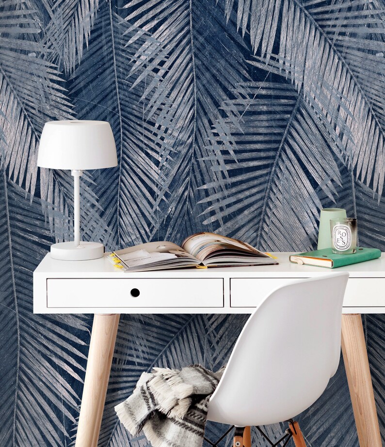 Navy Blue Wallpaper With Palm Frond Leaves Leafy Big Print - Etsy