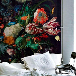 Floral Wall Mural Wallpaper Dark Dutch Vintage Wallpaper - Etsy