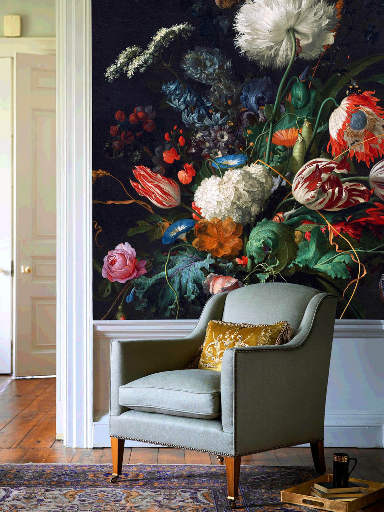 Floral Wall Mural Wallpaper, Dark Dutch Vintage Wallpaper, Peel and ...