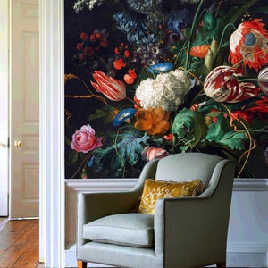 Floral Wall Mural Wallpaper, Dark Dutch Vintage Wallpaper, Peel and ...