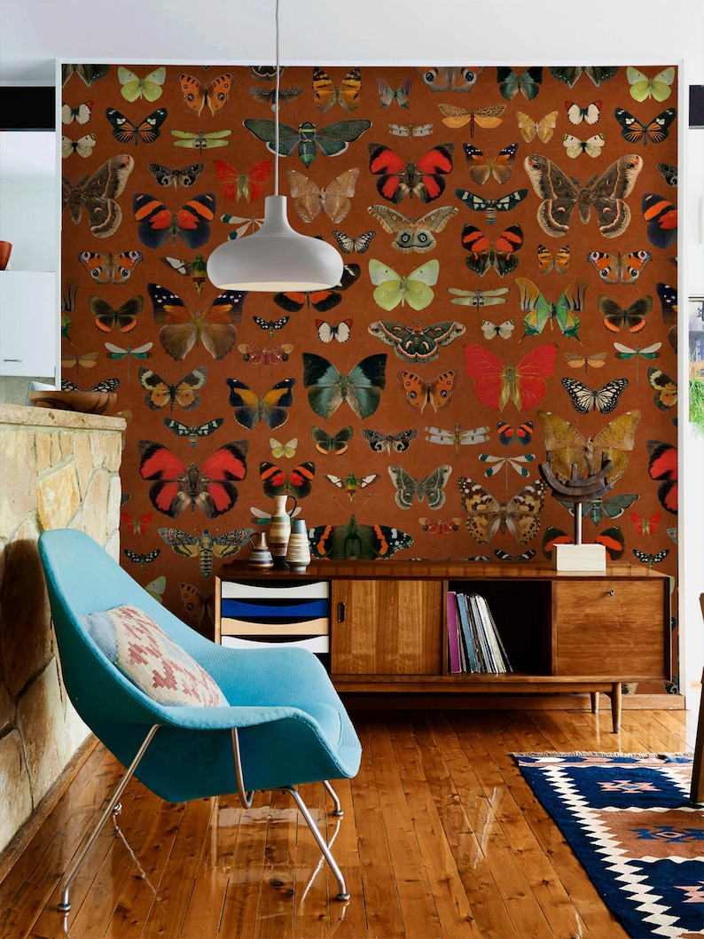 Boho Orange Butterfly Wallpaper, Eclectic Wildlife Wall Paper With ...