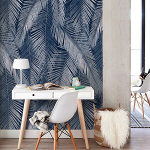 Navy Blue Wallpaper With Palm Frond Leaves Leafy Big Print - Etsy