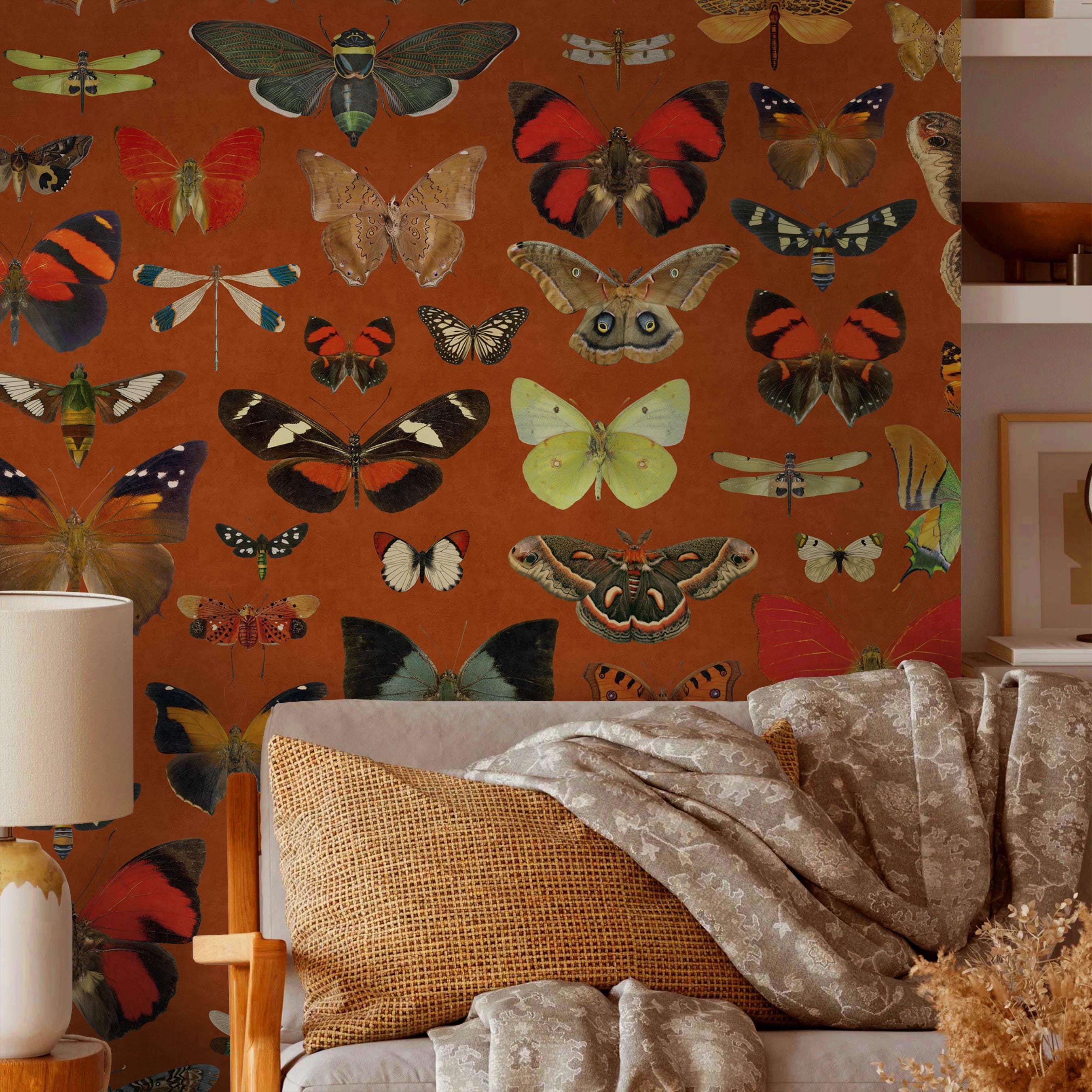 Boho Orange Butterfly Wallpaper, Eclectic Wildlife Wall Paper With ...