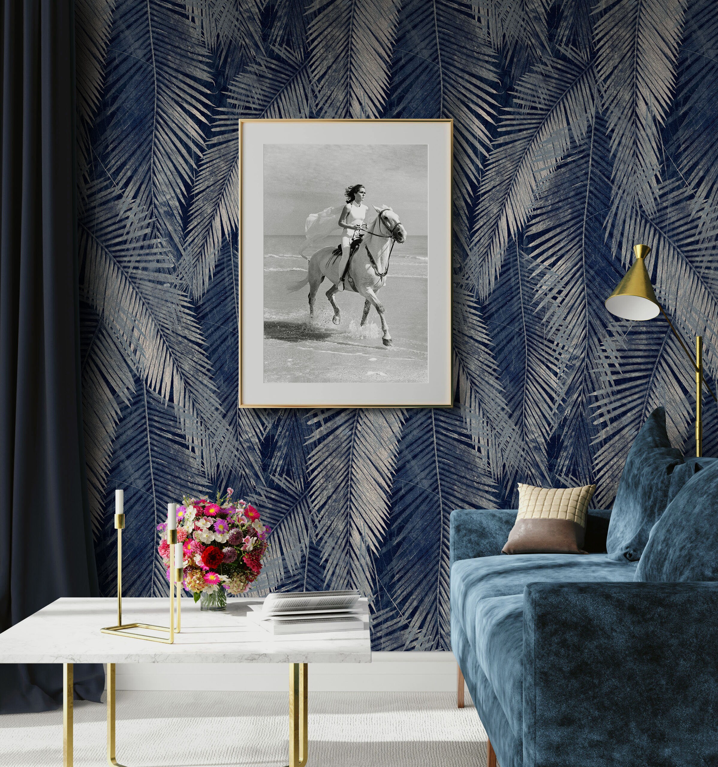 Navy Blue Palm Frond Wallpaper, Zebra Dark Blue Jungle Wall Paper ...