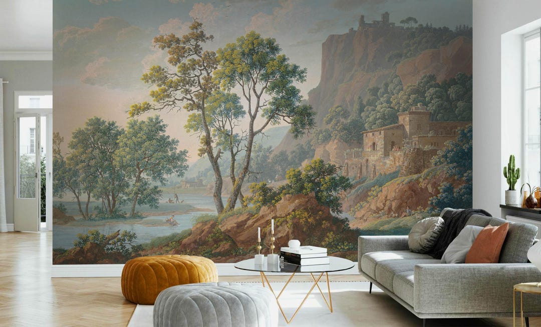 Vintage Victorian Wallpaper Mural With Castle Ruins and River Scene ...