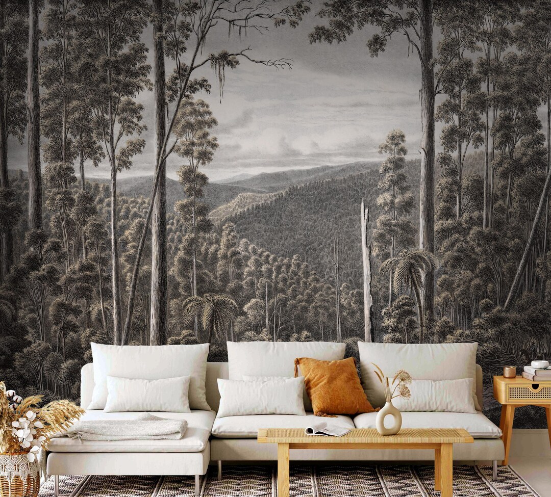Grey Tree Forest Mural Wallpaper, Black and White Forest Wall Paper ...