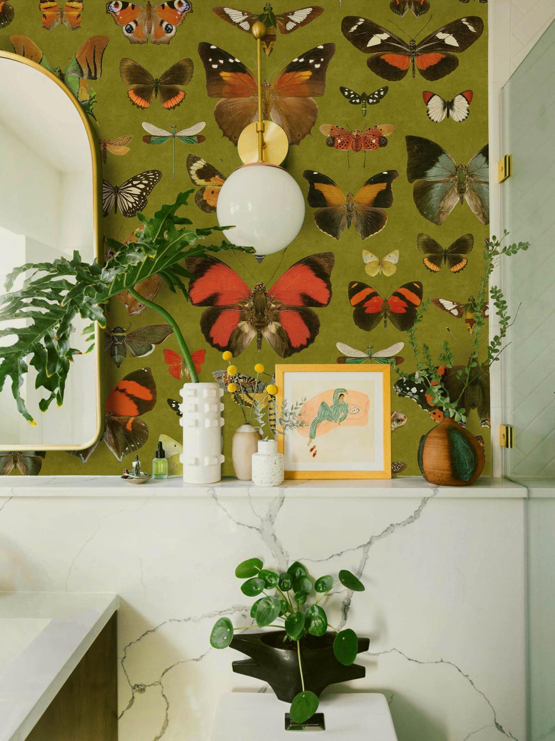 Sage Butterfly Wallpaper, Olive Eclectic Wall Paper With Insects ...