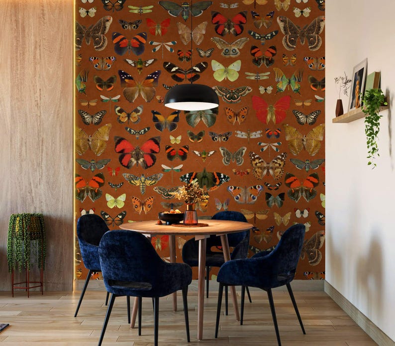 Boho Orange Butterfly Wallpaper, Eclectic Wildlife Wall Paper With ...
