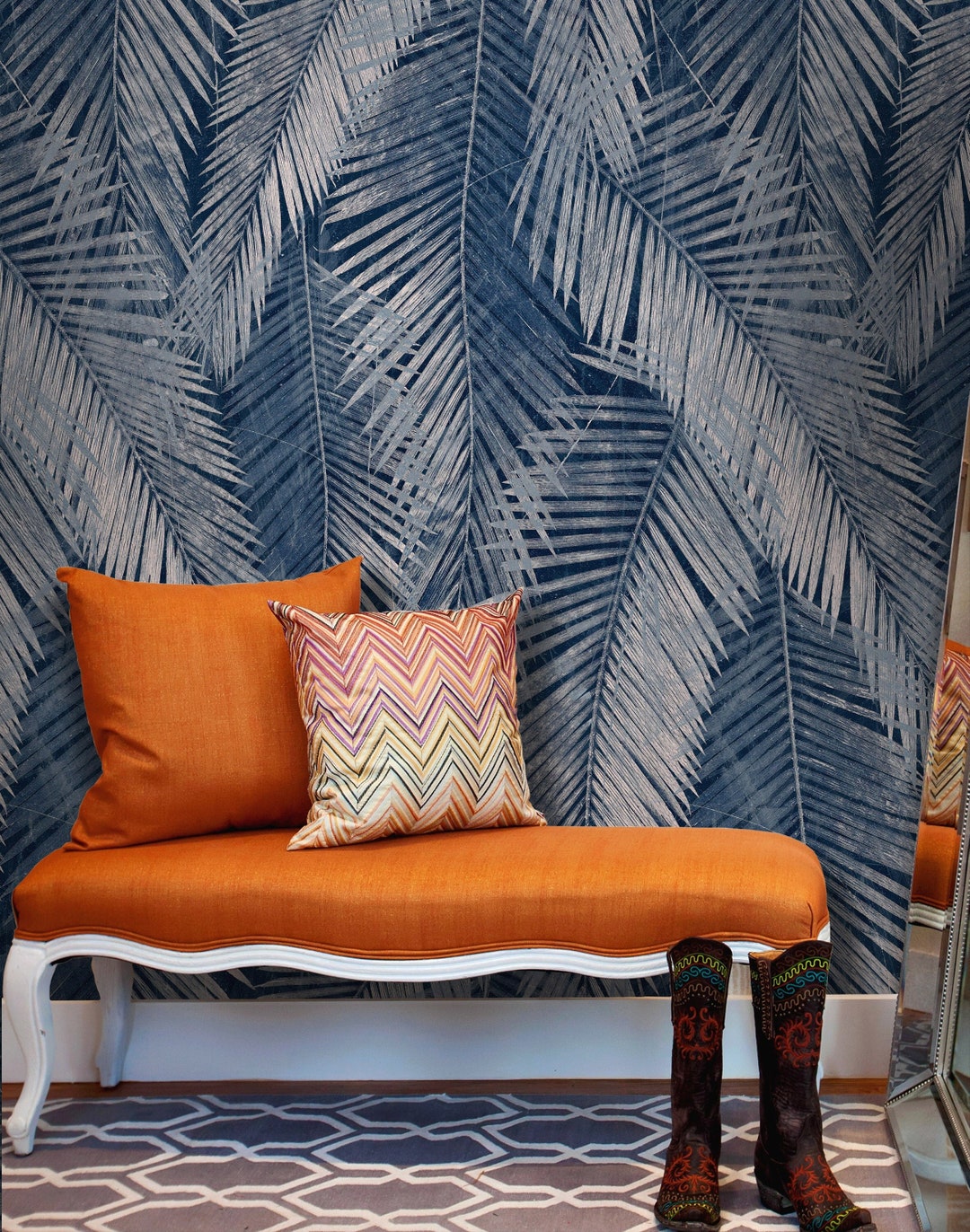 Navy Blue Wallpaper With Palm Frond Leaves, Leafy Big Print Wallpaper ...