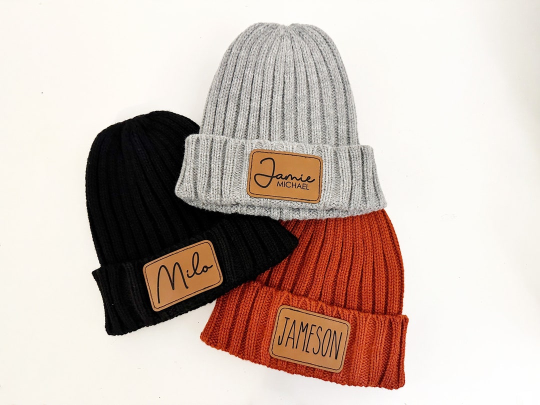 PERSONALIZED Knit Beanies Laser Engraved Faux Leather Patch Ribbed ...