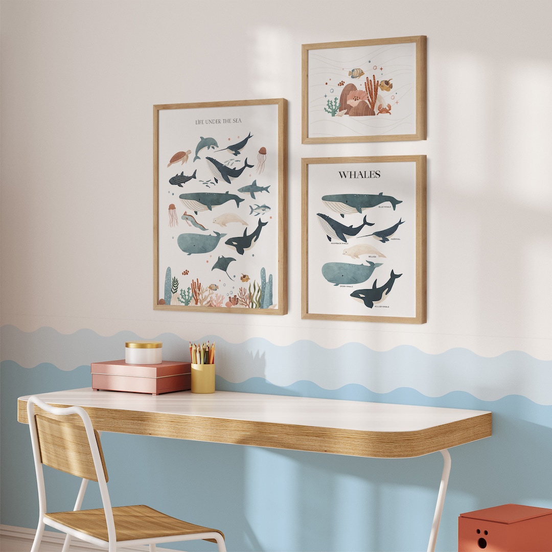 Sea Animals Nursery Print, Kids Room Learning Wall Art, Poster Framed ...