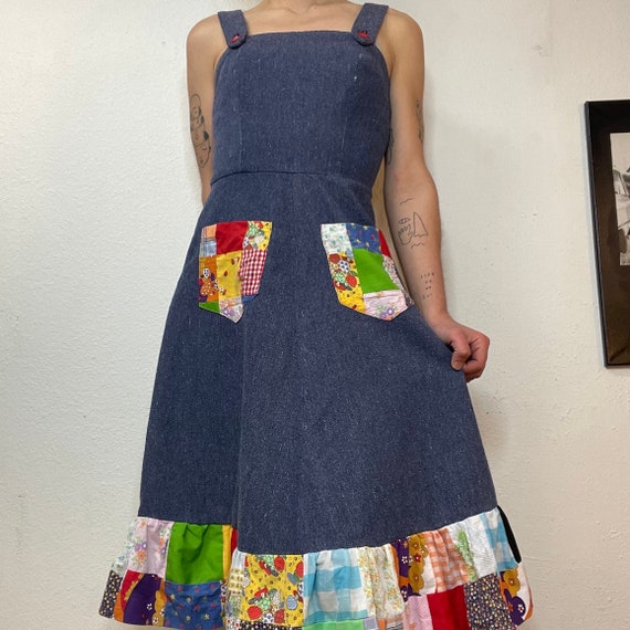 70s Handmade Denim Patchwork Dress - Gem