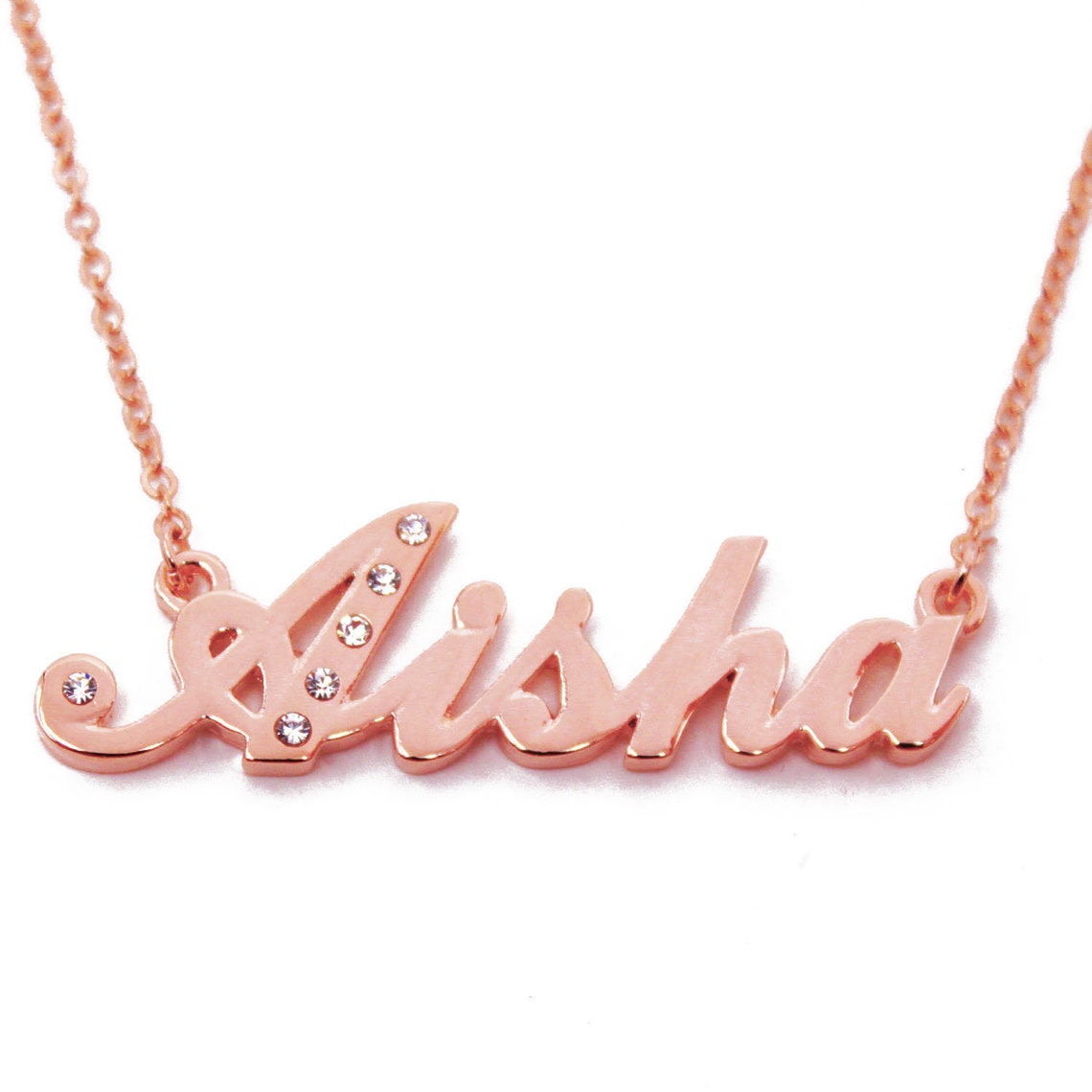 Name Necklace AISHA 18K Rose Gold Plated With Cubic Zirconia - Etsy