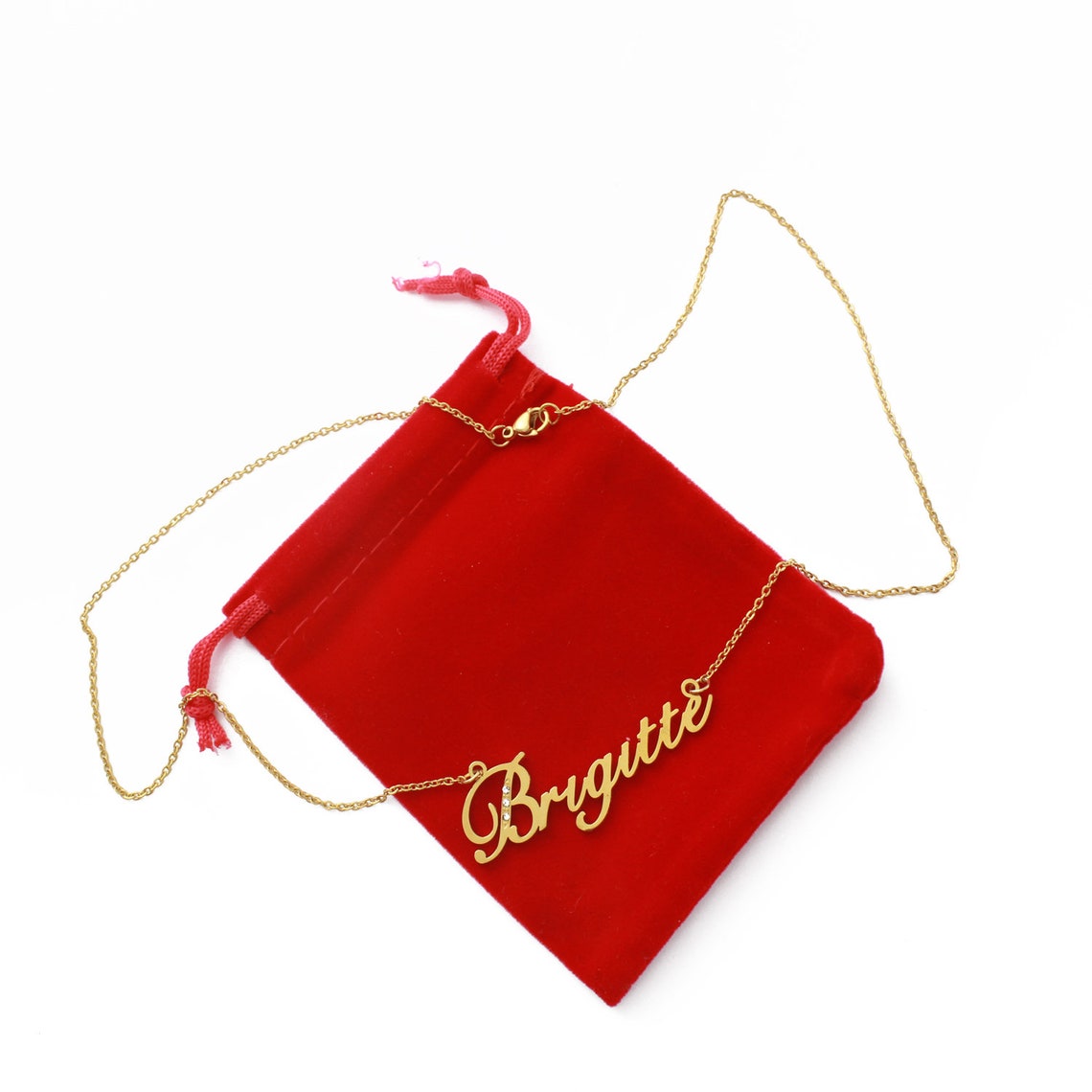 BRIGITTE - Gold Tone Name Necklace With Crystals - Personalized ...