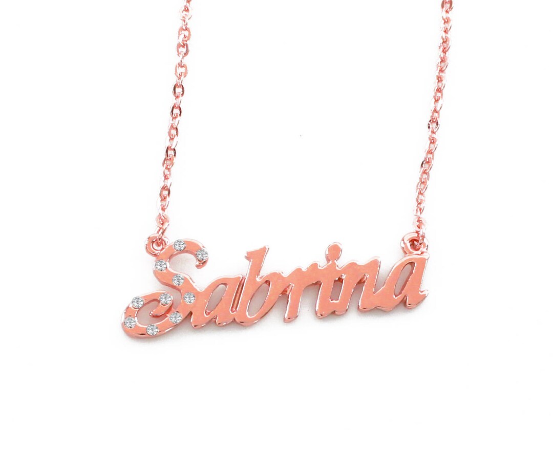 SABRINA 18K Rose Gold Plated Name Necklace With Cubic Zirconia Crystals ...