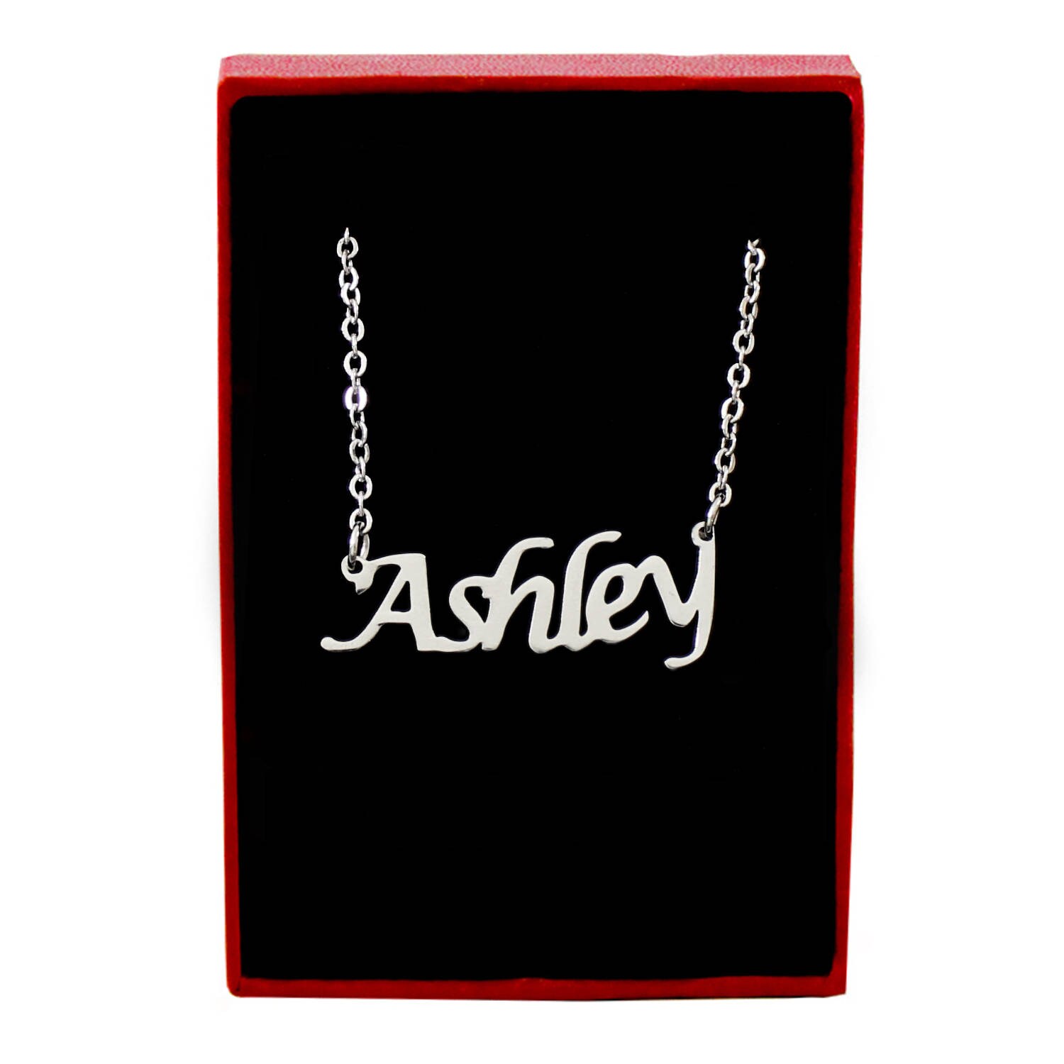 ASHLEY Silver Tone Name Necklace Personalized Jewelery Free Gift Box ...