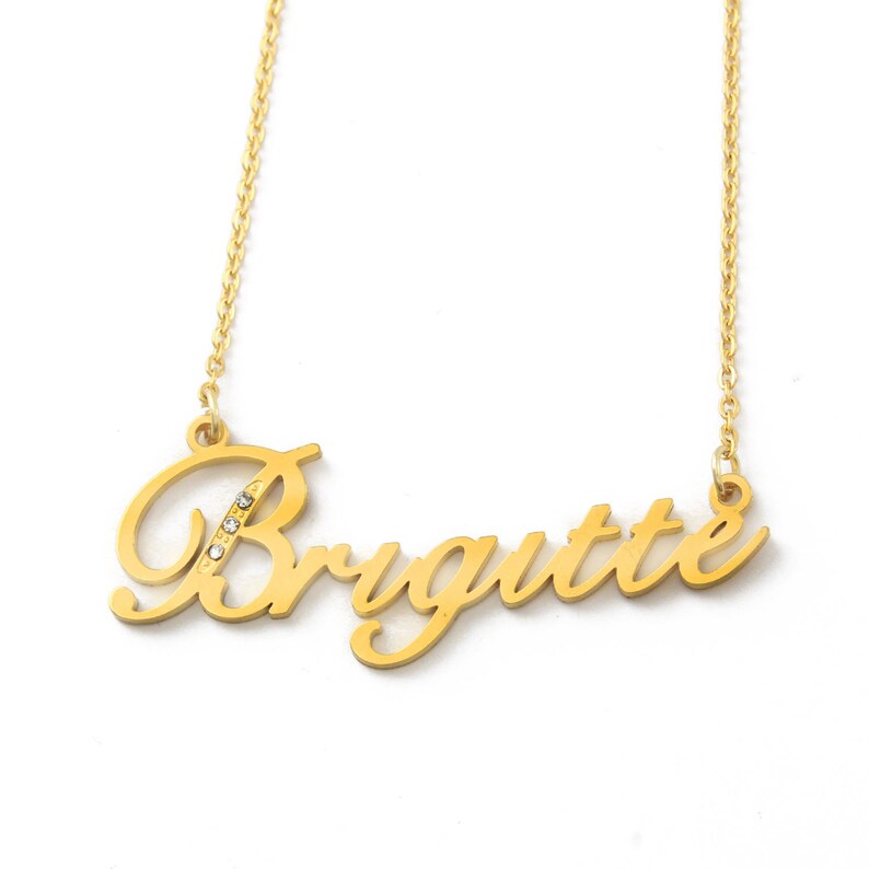 BRIGITTE - Gold Tone Name Necklace With Crystals - Personalized ...