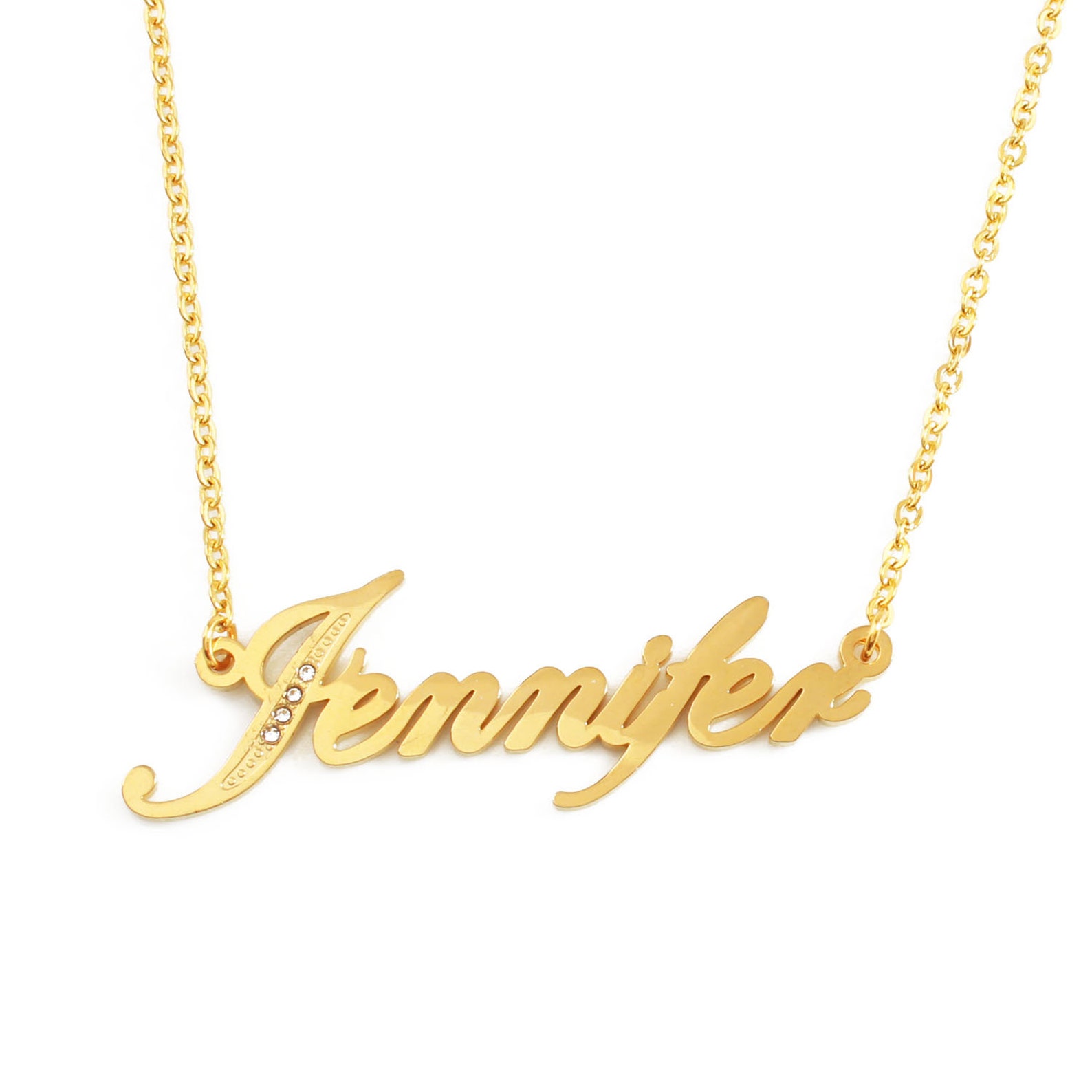 JENNIFER Gold Tone Name Necklace With Crystals - Personalized Jewelry ...