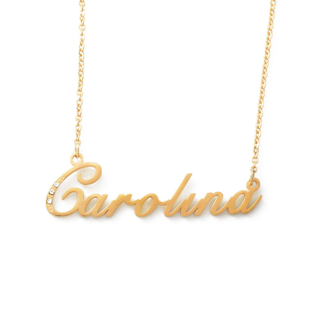 CAROLINA Gold Tone Name Necklace With Crystals Personalized Jewellery ...
