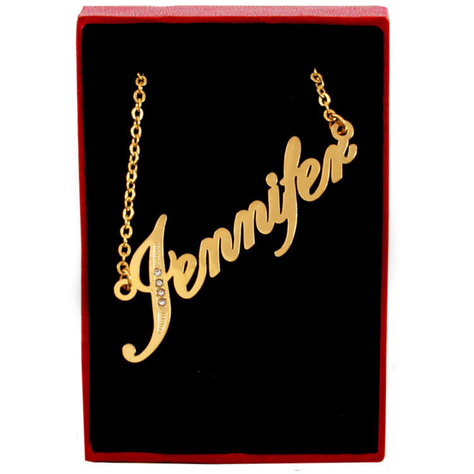 JENNIFER Gold Tone Name Necklace With Crystals - Personalized Jewelry ...