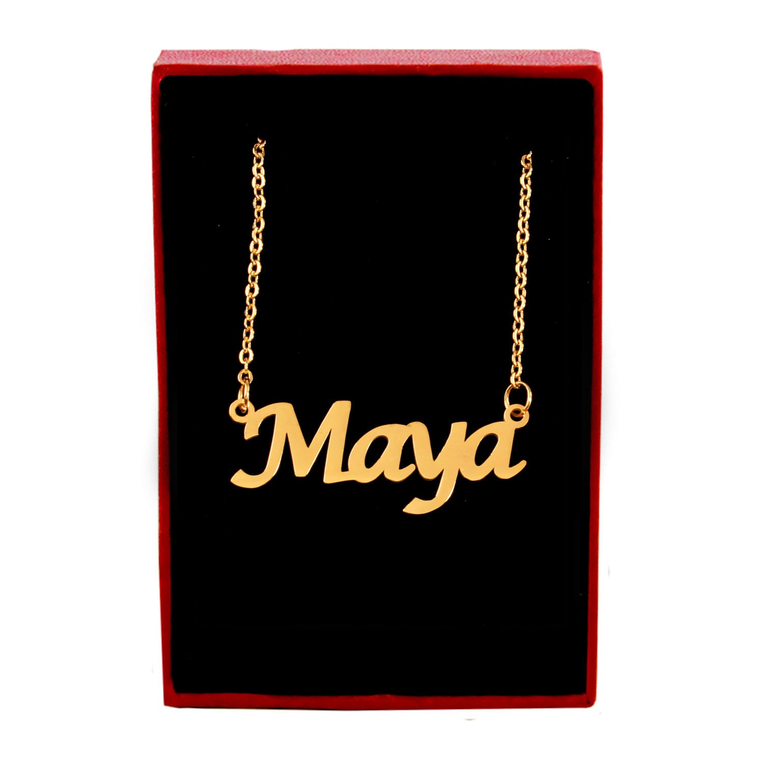 MAYA - Name Necklace Stainless Steel / 18ct Gold Plated - Free Gift Box ...