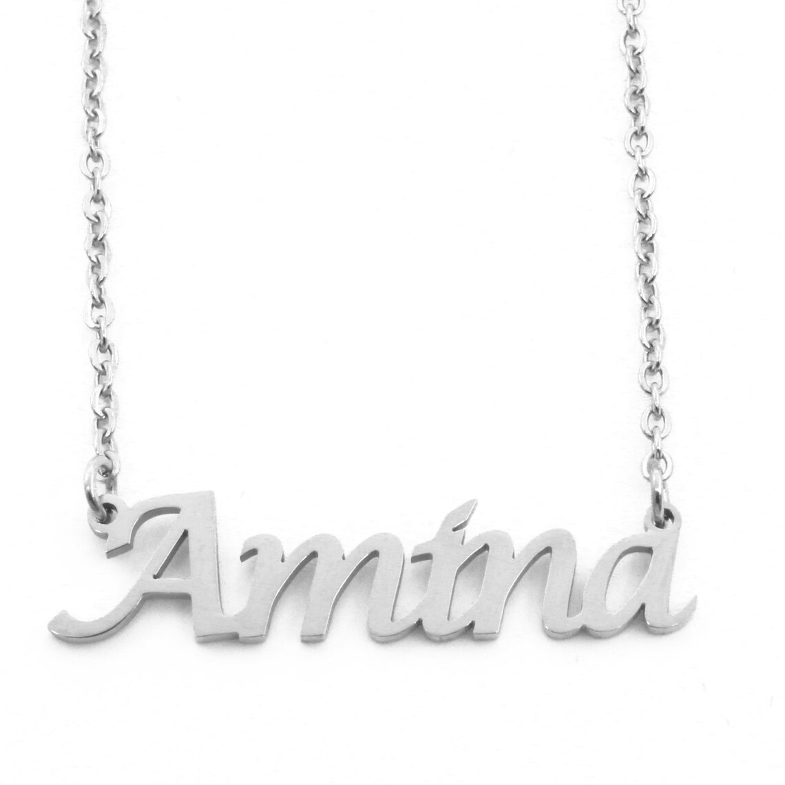 Amina- Silver Tone Name Necklace - Personalized Jewellery - Free Gift ...