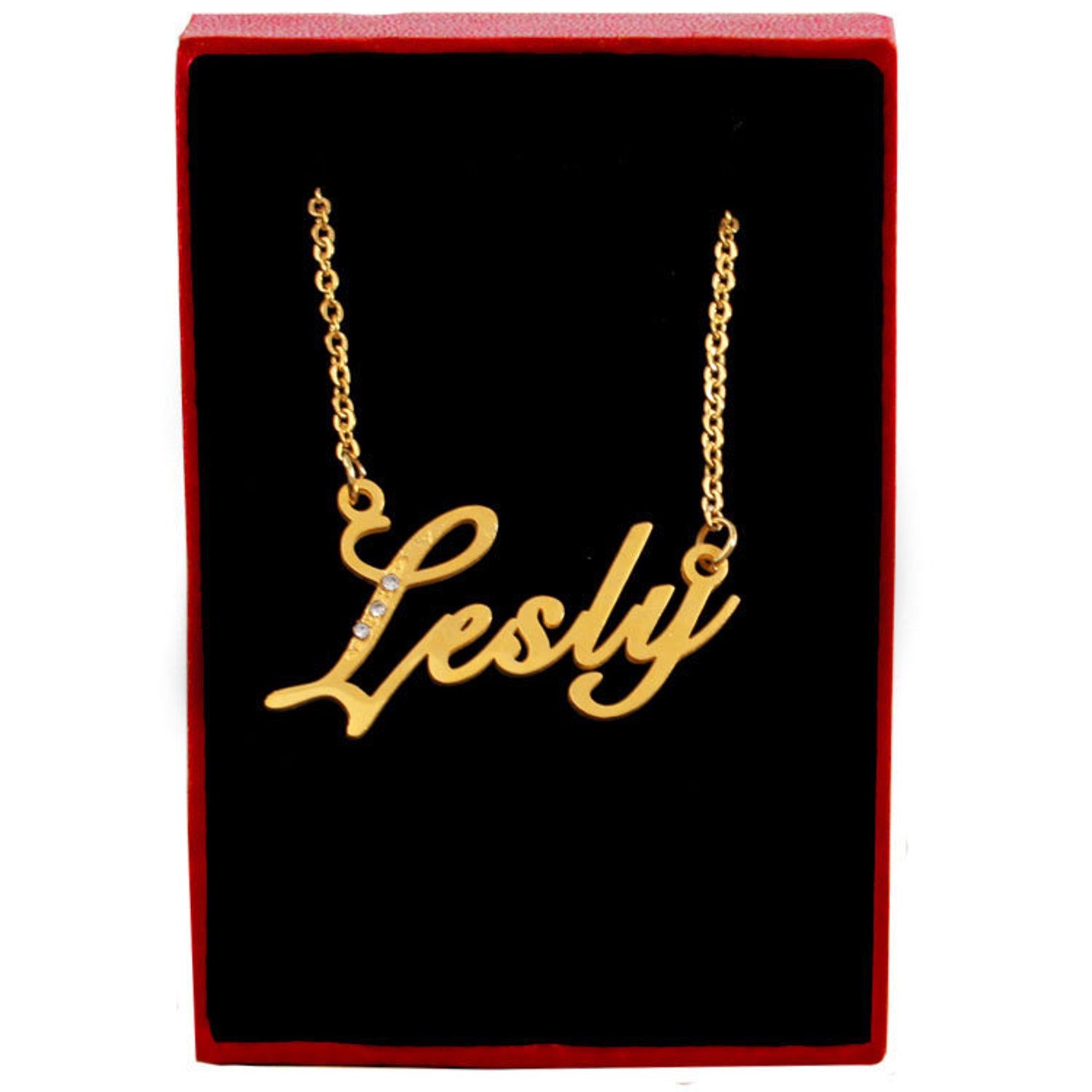 LESLY Gold Tone Name Necklace With Crystals - Personalized Jewelry ...