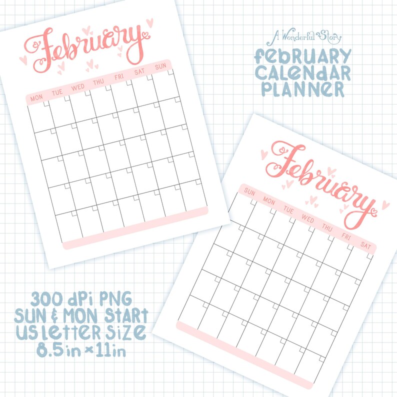 Cute Simple Printable February Calendar Planner, US Letter Size, Monday ...