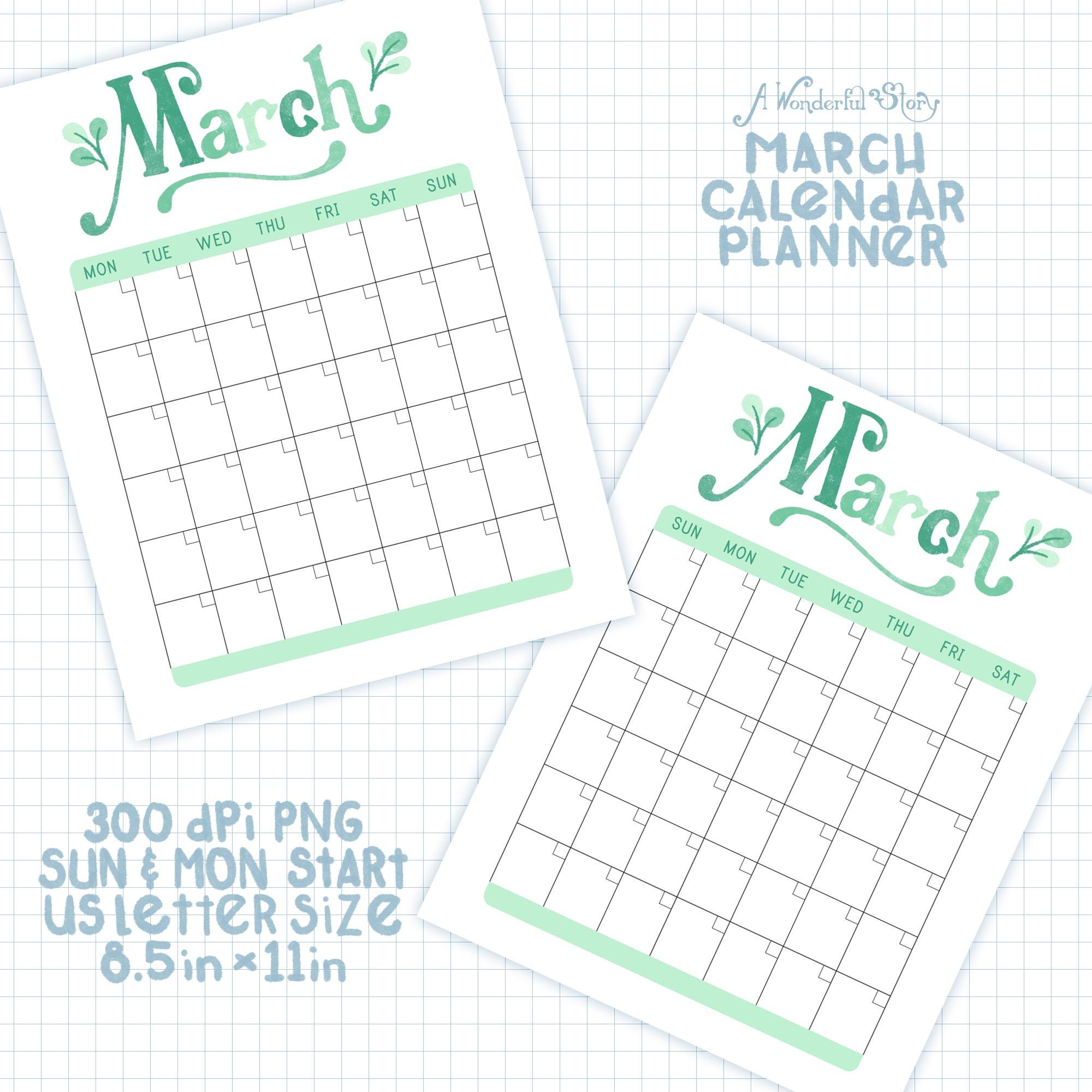 Cute Simple Printable March Calendar Planner, US Letter Size, Monday ...