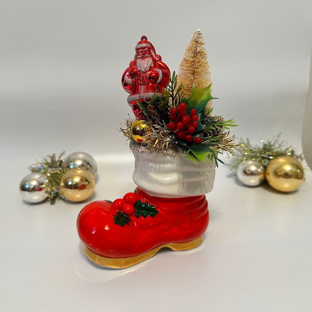 Vintage Ceramic Santa Boot Christmas Decoration - Bottle Brush Tree ...