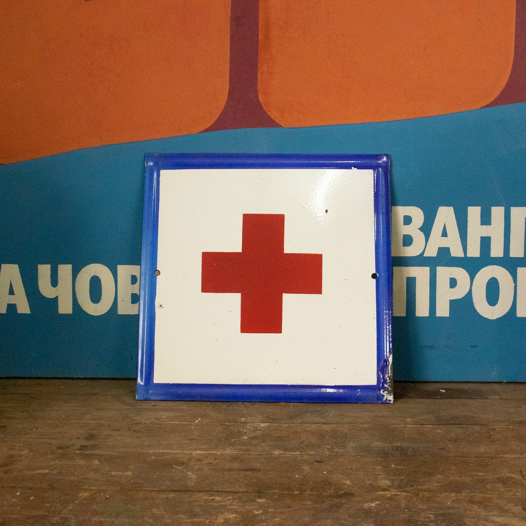 Square Enamel Sign With Red Cross Vintage Enamel Sign From a - Etsy