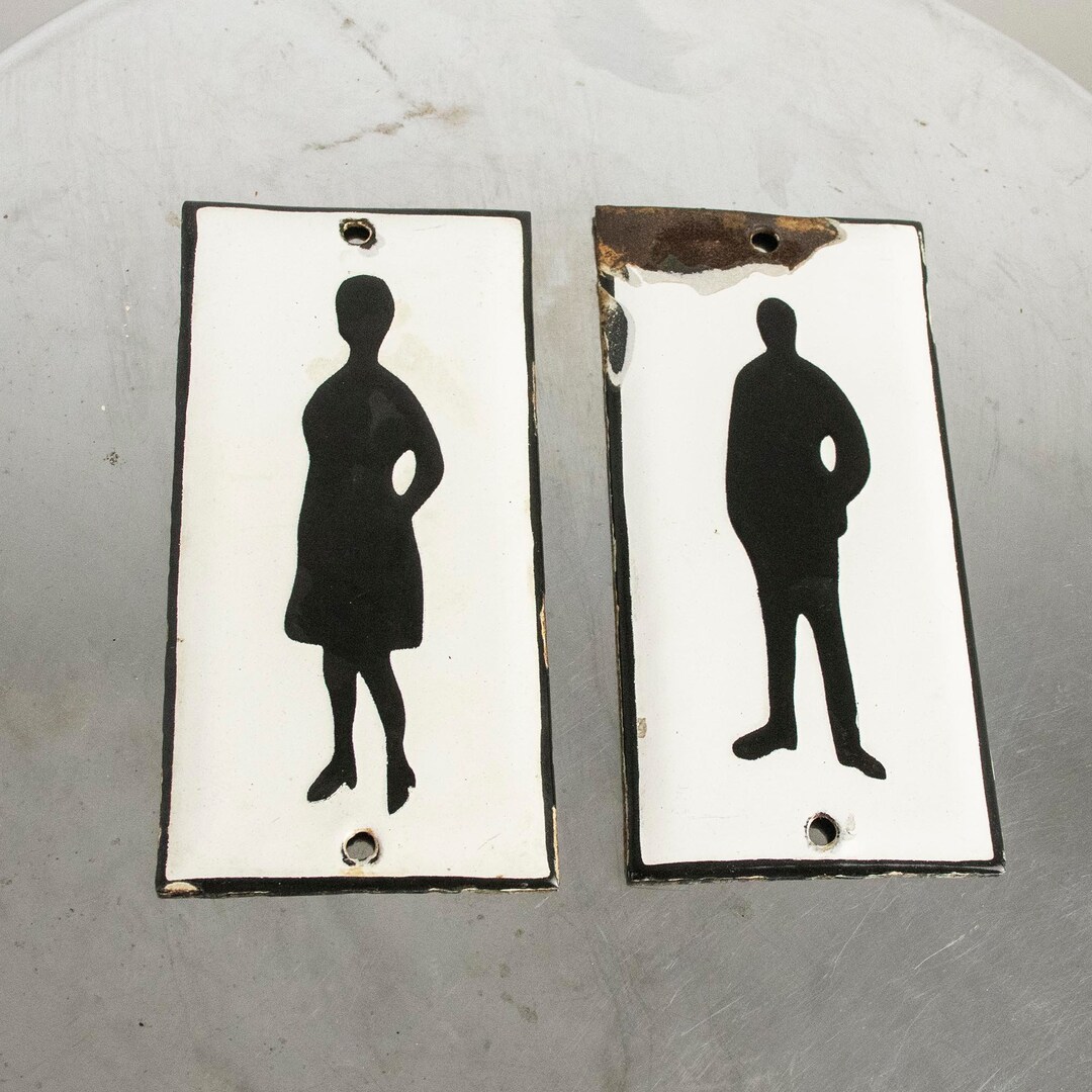 Set of 2 Vintage Restroom Enamel Signs From a Station, Retro Toilet ...