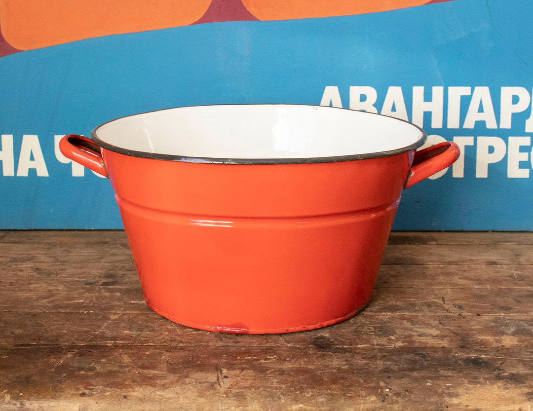 Vintage Enamel Basin, Red Porcelain Enamel Basin With Handles - Etsy