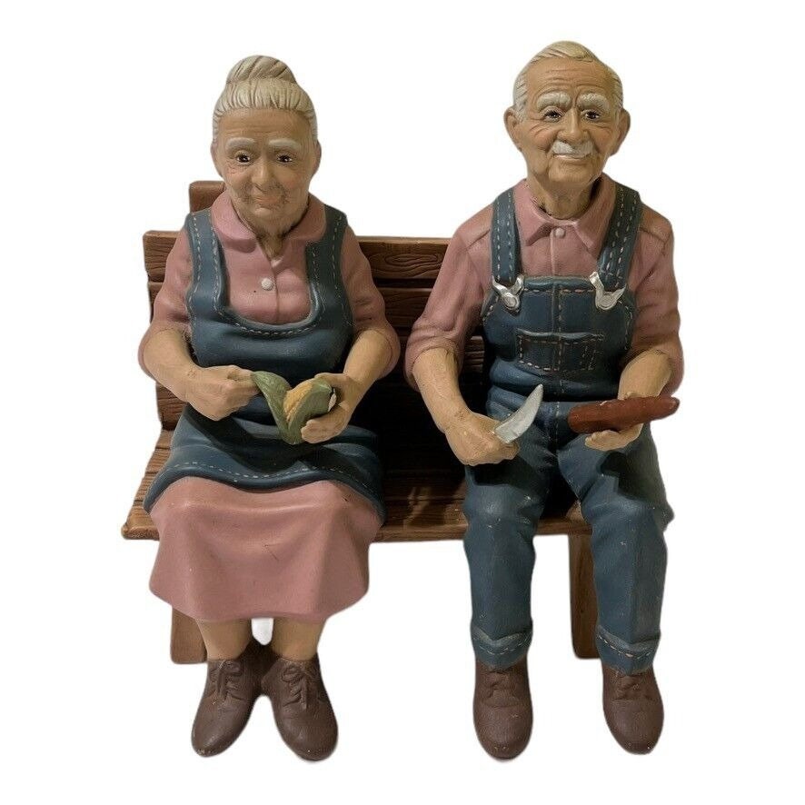 Grandma Grandpa Ceramic Figures Sitting Bench Whittling Shucking Corn ...