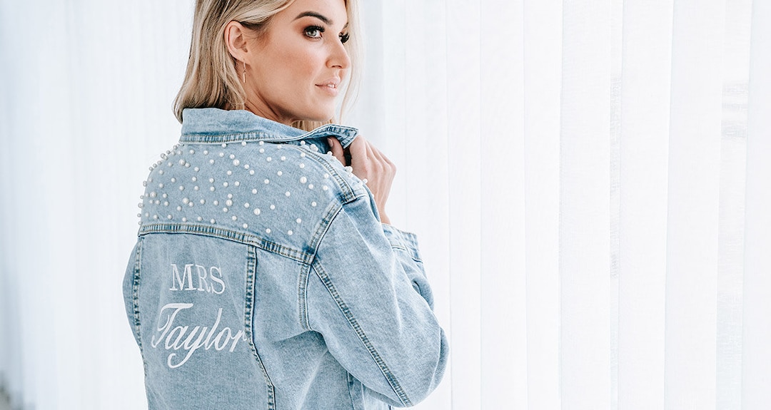 Embroidered Denim Jacket. Pearl Wedding Jacket. Mrs Denim Jacket ...