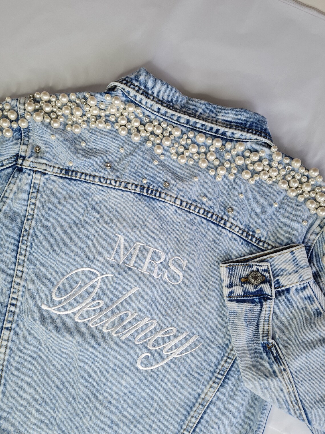 Embroidered Denim Jacket. Pearl Wedding Jacket. Mrs Denim - Etsy