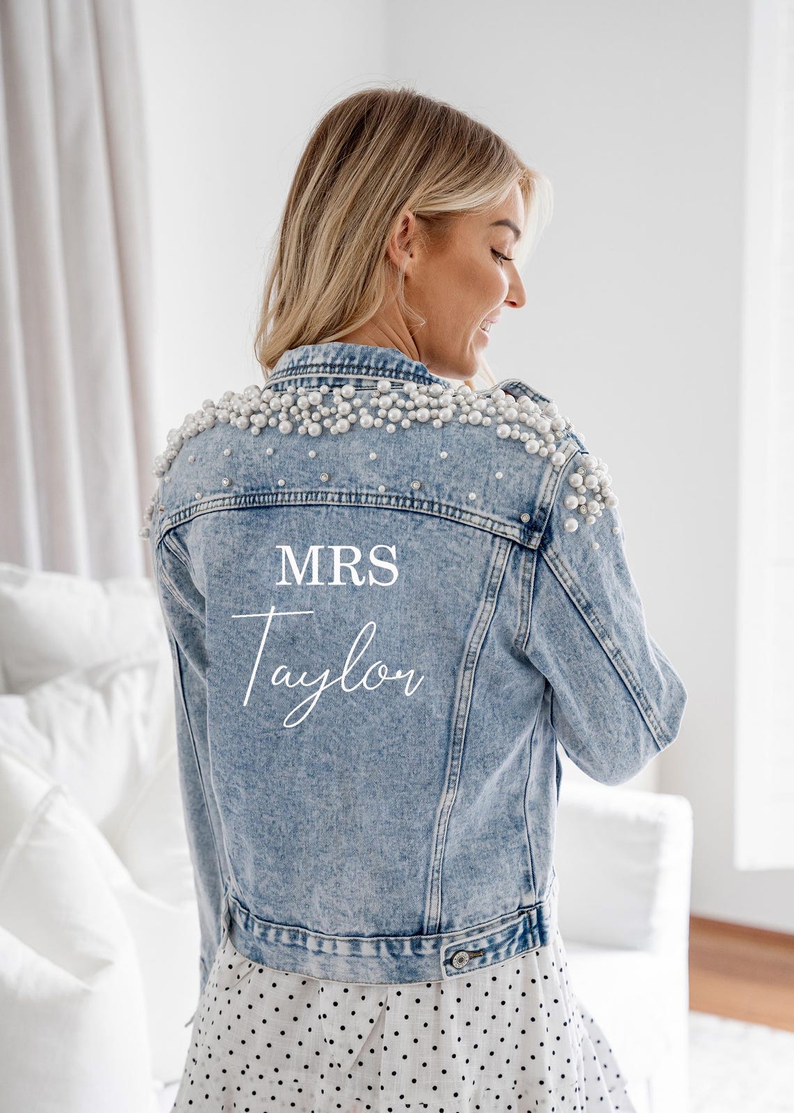 Embroidered Denim Jacket. Pearl Wedding Jacket. Mrs Denim Jacket ...