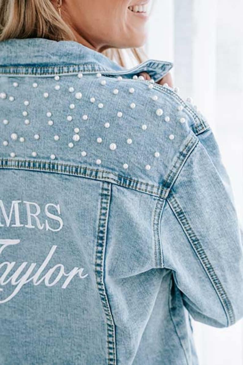 Embroidered Denim Jacket. Pearl Wedding Jacket. Mrs Denim Jacket ...