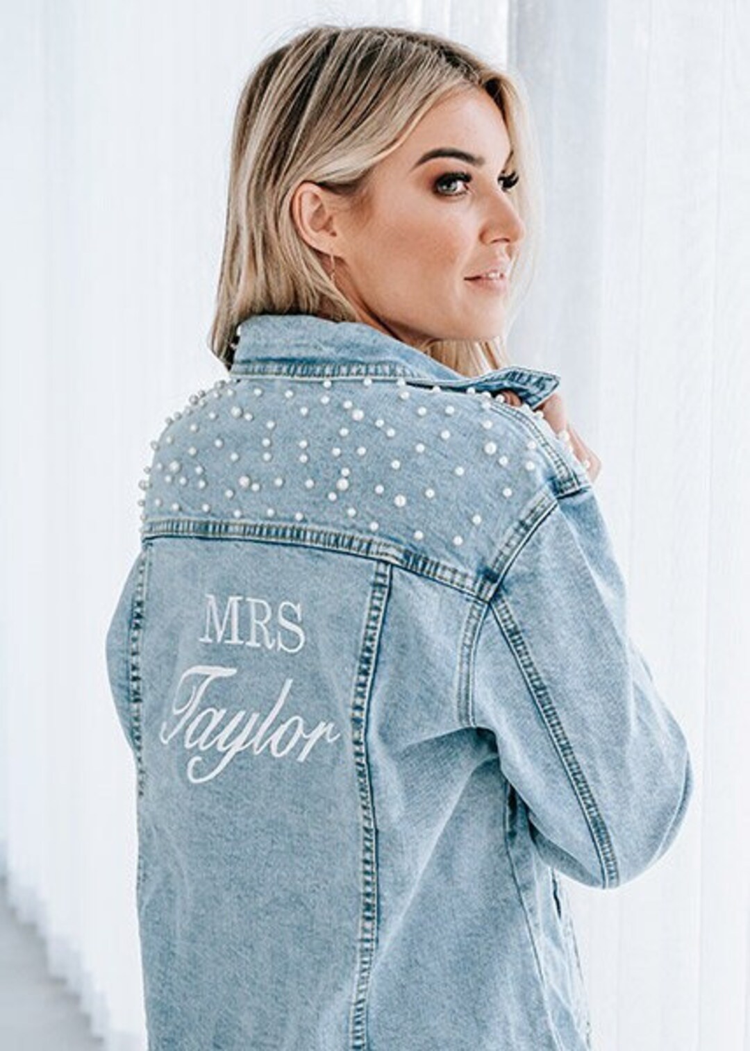 Embroidered Denim Jacket. Pearl Wedding Jacket. Mrs Denim Jacket ...