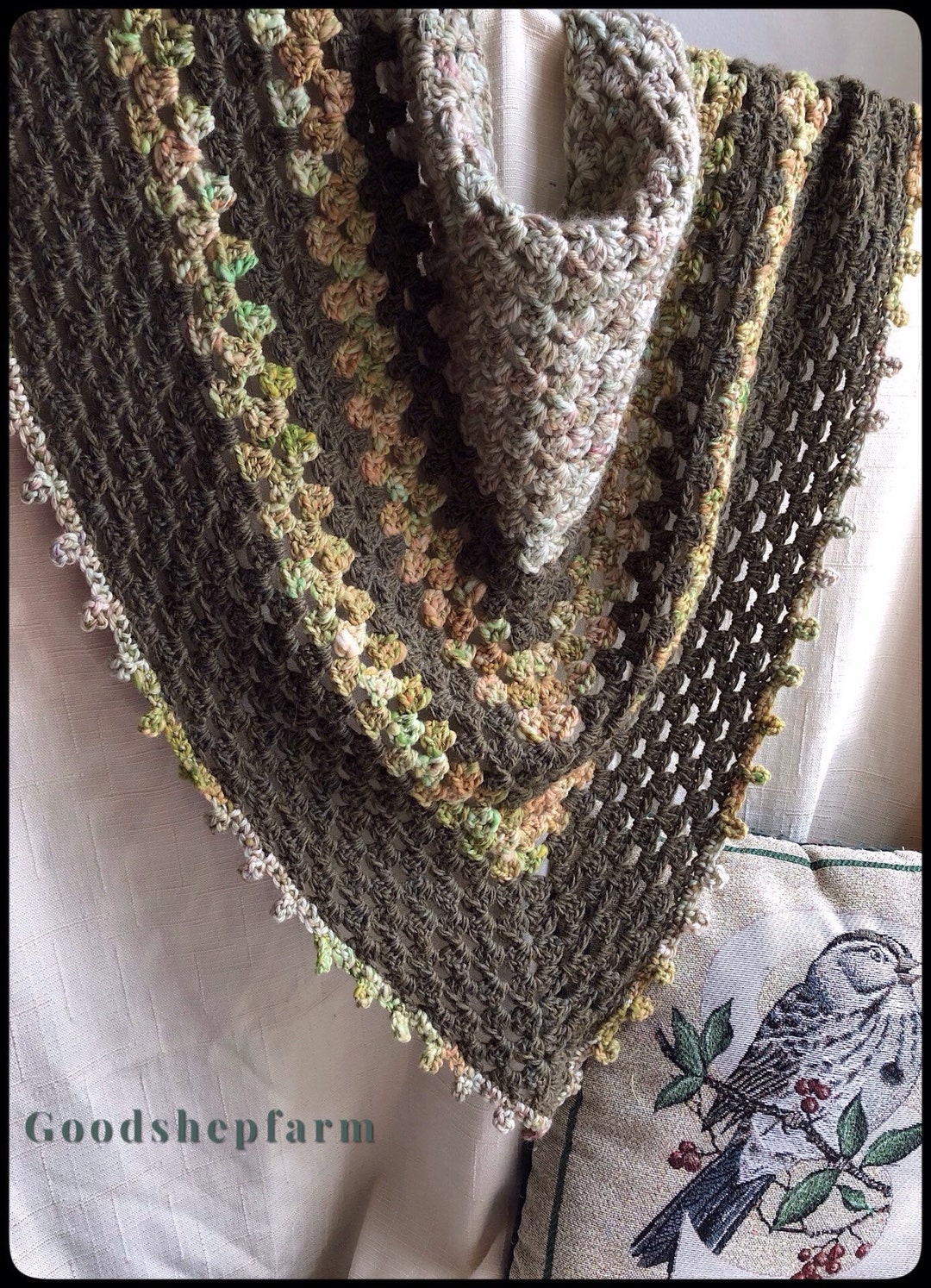 Green Triangle Scarf Large Crochet Shawl Wrap With Picot in Hand-spun ...