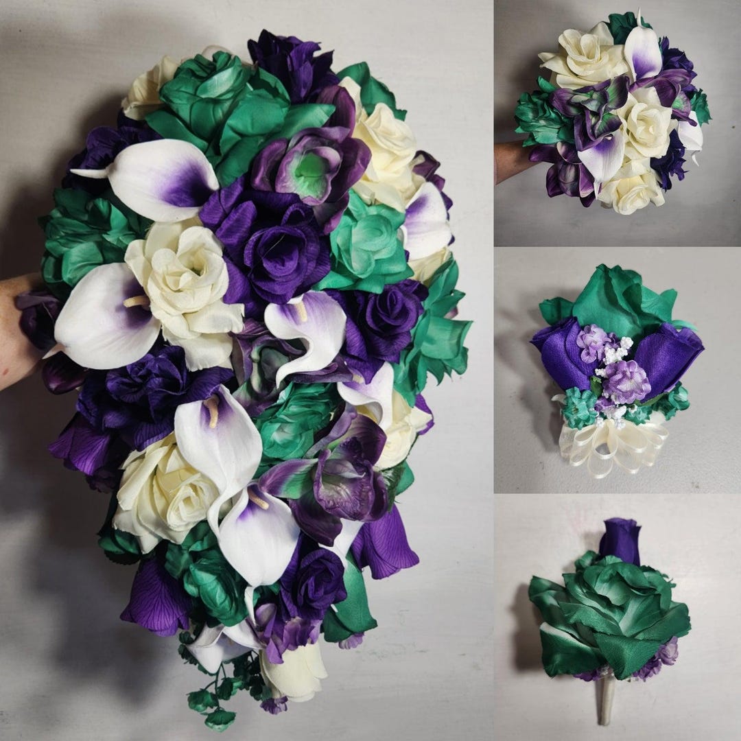 Hunter Green Purple Ivory Rose Calla Lily Orchid Bridal Wedding Bouquet ...