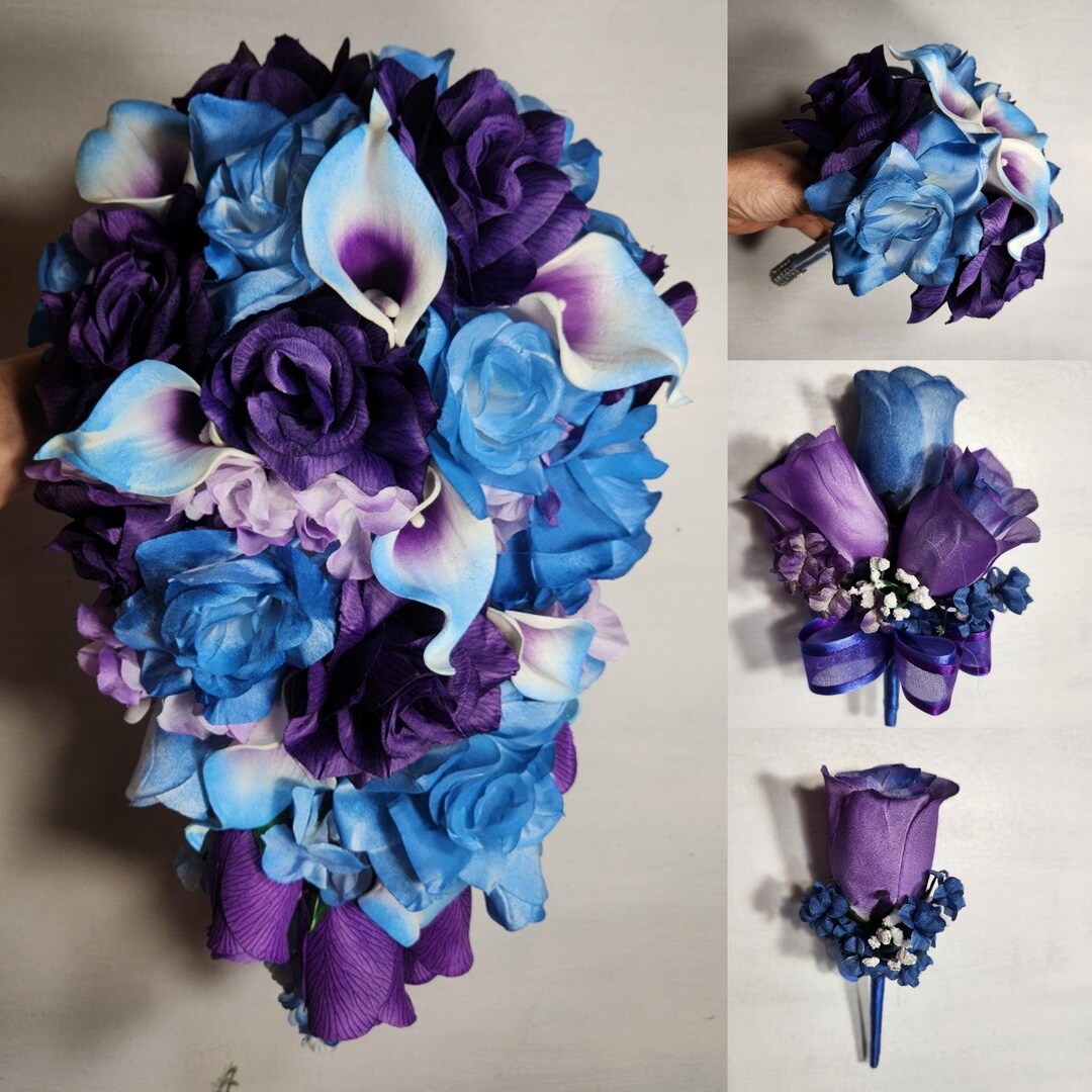 Light Blue Purple Rose Calla Lily Bridal Wedding Bouquet Accessories - Etsy