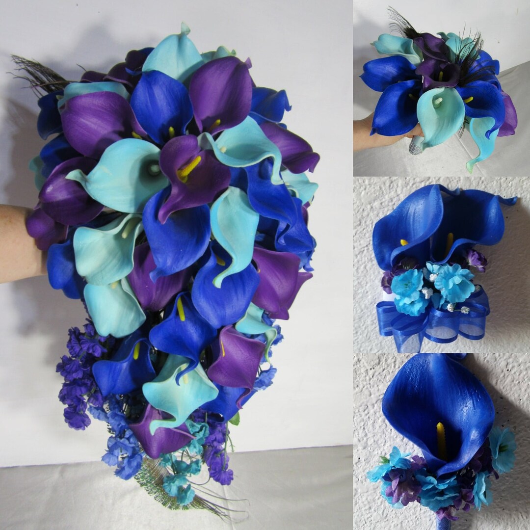 Peacock Royal Blue Purple Turquoise Calla Lily Bridal Wedding Bouquet ...